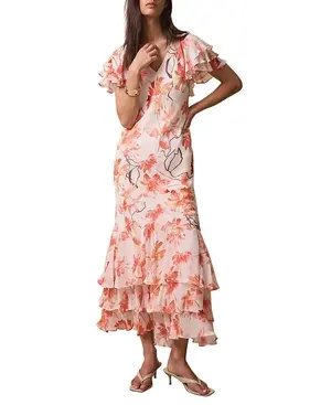 Mint Velvet Floral Ruffle Tie-back Midi Dress - Pink