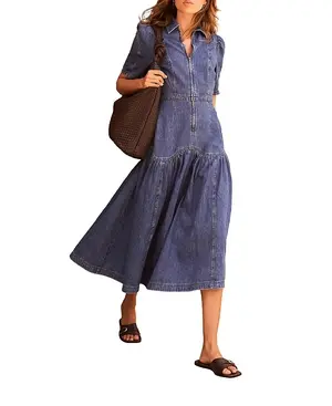 Mint Velvet Puff Sleeve Denim Zip Front Midi Dress