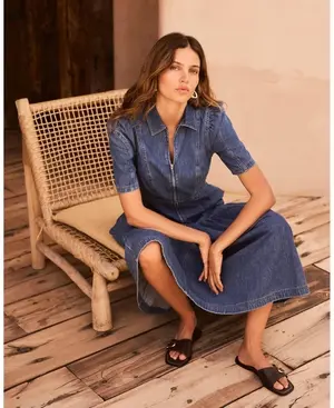 Mint Velvet Puff Sleeve Denim Zip Front Midi Dress