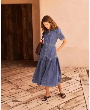 Mint Velvet Puff Sleeve Denim Zip Front Midi Dress