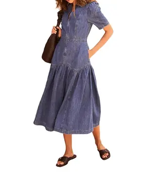Mint Velvet Puff Sleeve Denim Zip Front Midi Dress