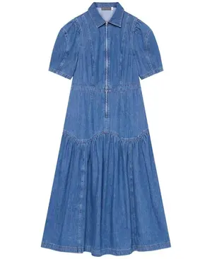 Mint Velvet Puff Sleeve Denim Zip Front Midi Dress