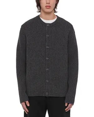 Helmut Lang Ribbed Crewneck Rustic Wool Cardigan - Graphite