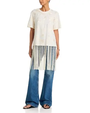 Sea Rafina Eyelet Embellished Fringe Trim Cotton Tee - White