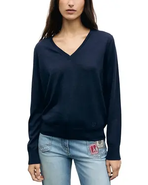 Gerard Darel Rachel Merino Wool V Neck Sweater Navy