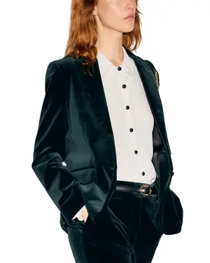 Gerard Darel Jyna Velvet Two Button Notch Collar Jacket - Green