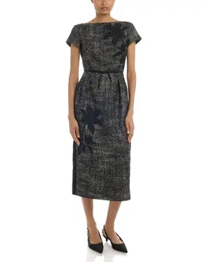 Erdem Salt & Pepper Mixed Media Short Sleeve Midi Dress