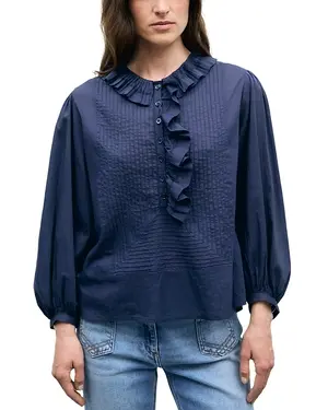Gerard Darel Leone Cotton Ruffle Trim Blouse - Navy