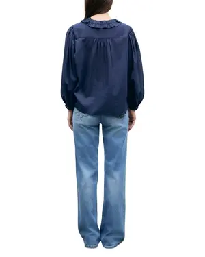 Gerard Darel Leone Cotton Ruffle Trim Blouse - Navy