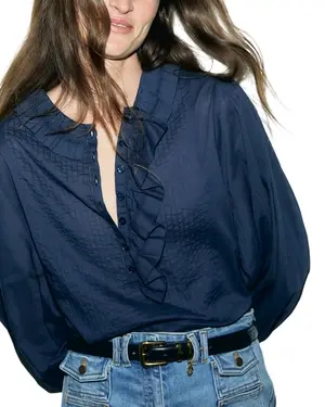 Gerard Darel Leone Cotton Ruffle Trim Blouse - Navy