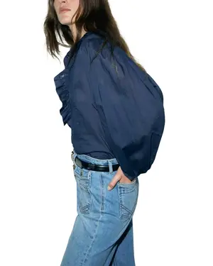 Gerard Darel Leone Cotton Ruffle Trim Blouse - Navy