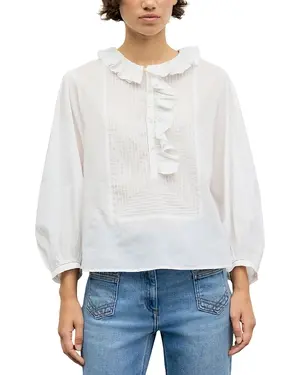 Gerard Darel Leone Cotton Ruffle Trim Blouse - White