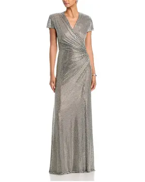 SELF-PORTRAIT Rhinestone Mesh Wrap Maxi Dress - Grey