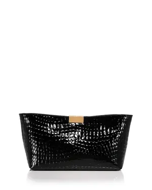 Aqua Medium Croc Embossed Patent Leather Clutch Exclusive - Black