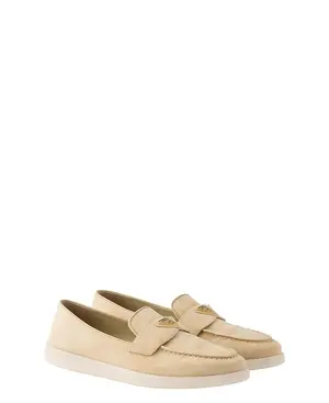 Prada Suede Leather Loafers With Gold Tone Detail - Neutral