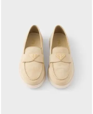 Prada Suede Leather Loafers With Gold Tone Detail - Neutral