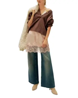 Free People Lace Trim Midi Skirt - Peach