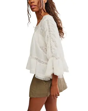 Free People Romantic Ruffled Lace Trim Blouse