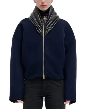 DARKPARK Cashmere Wool Leather Fold Collar Bomber Jacket - Blue Navy
