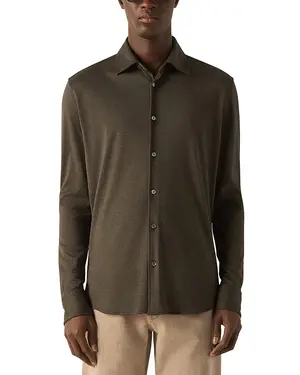 Zegna Cashmere Blend Button Down Shirt - Dark Olive Green