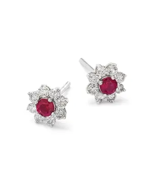 Bloomingdale'S Gemstone & Diamond Flower Cluster Stud Earrings In 14k Gold - Ruby/white Gold