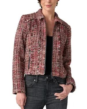 LIVERPOOL Zip Front Fringe Trim Tweed Jacket - Red/ Multi