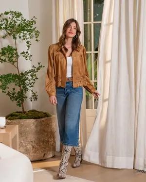 LIVERPOOL Faux Suede Puff Sleeve Jacket With Eyelet Hem