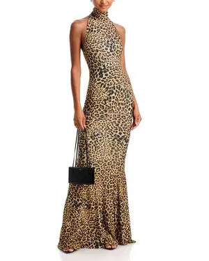 Norma Kamali Halter Turtleneck Printed Fishtail Gown