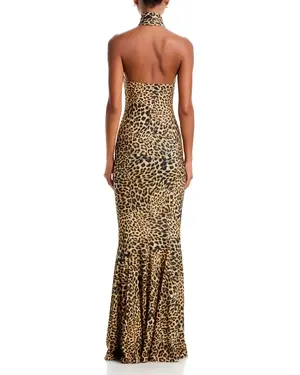 Norma Kamali Halter Turtleneck Printed Fishtail Gown
