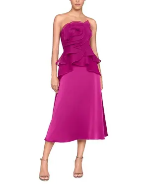 Theia Strapless Rosette Dress - Sangria