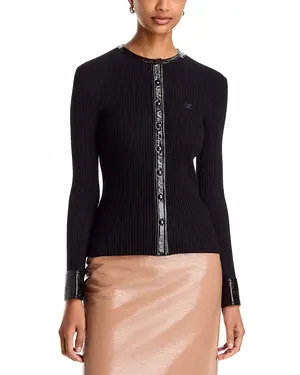 COURREGES Contrasted Vinyl Rib Knit Cardigan - Black