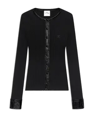 COURREGES Contrasted Vinyl Rib Knit Cardigan - Black