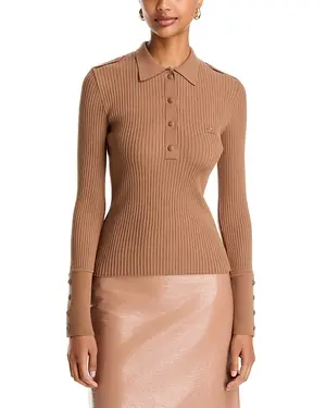 COURREGES Rib Knit Long Sleeve Polo Sweater - Bronzer