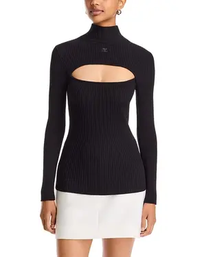 COURREGES Rib Knit Slash Mock Neck Sweater - Black