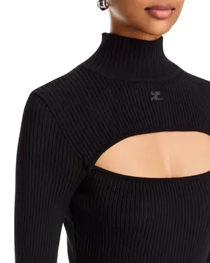 COURREGES Rib Knit Slash Mock Neck Sweater