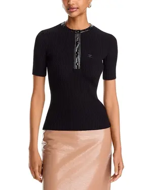 COURREGES Contrasted Vinyl Rib Knit Short Sleeve Top - Black