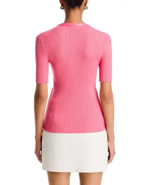 COURREGES Contrasted Vinyl Rib Knit Short Sleeve Top - Fever Pink