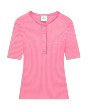 COURREGES Contrasted Vinyl Rib Knit Short Sleeve Top - Fever Pink
