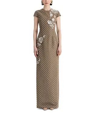 Oscar De La Renta Silk Crystal Embellished Gown - Stone
