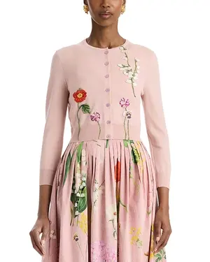 Oscar De La Renta Wool Crewneck Cardigan Sweater - Blush