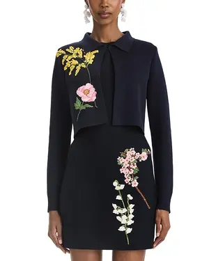 Oscar De La Renta Wool Embroidered Knit Jacket - Navy