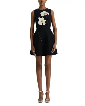 Oscar De La Renta Peony Print Wool Blend Day Dress - White/navy