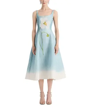 Oscar De La Renta Sleeveless Scoop Neck Peony Faille Day Dress - White/blue