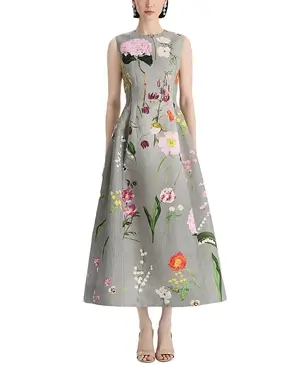 Oscar De La Renta Sleeveless Mixed Botanical Faille Cocktail Dress - Grey Multi