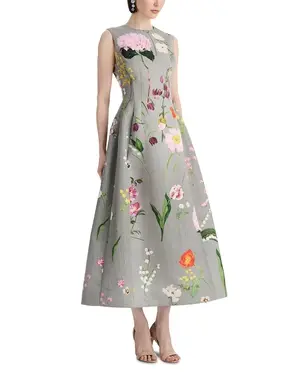 Oscar De La Renta Sleeveless Mixed Botanical Faille Cocktail Dress