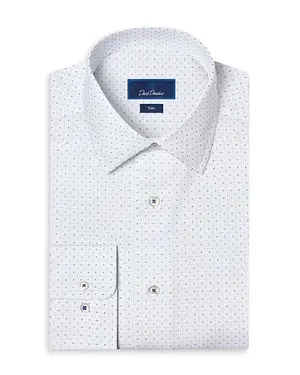 David Donahue Trim Fit Neat Print Cotton Blend Dress Shirt - White/ Blue