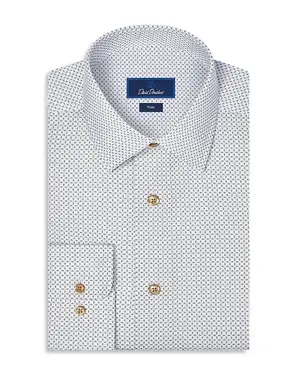 David Donahue Trim Fit Geometric Print Cotton Dress Shirt - White/ Dune