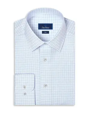 David Donahue Trim Fit Cotton Blend Check Dress Shirt White/ Sky