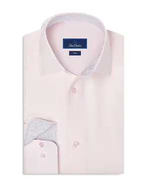 David Donahue Trim Fit Herringbone Contrast Dress Shirt - Pink