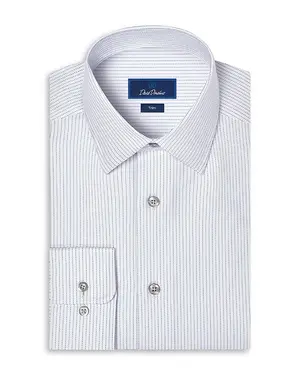 David Donahue Trim Fit Cotton Twill Stripe Dress Shirt - Pearl